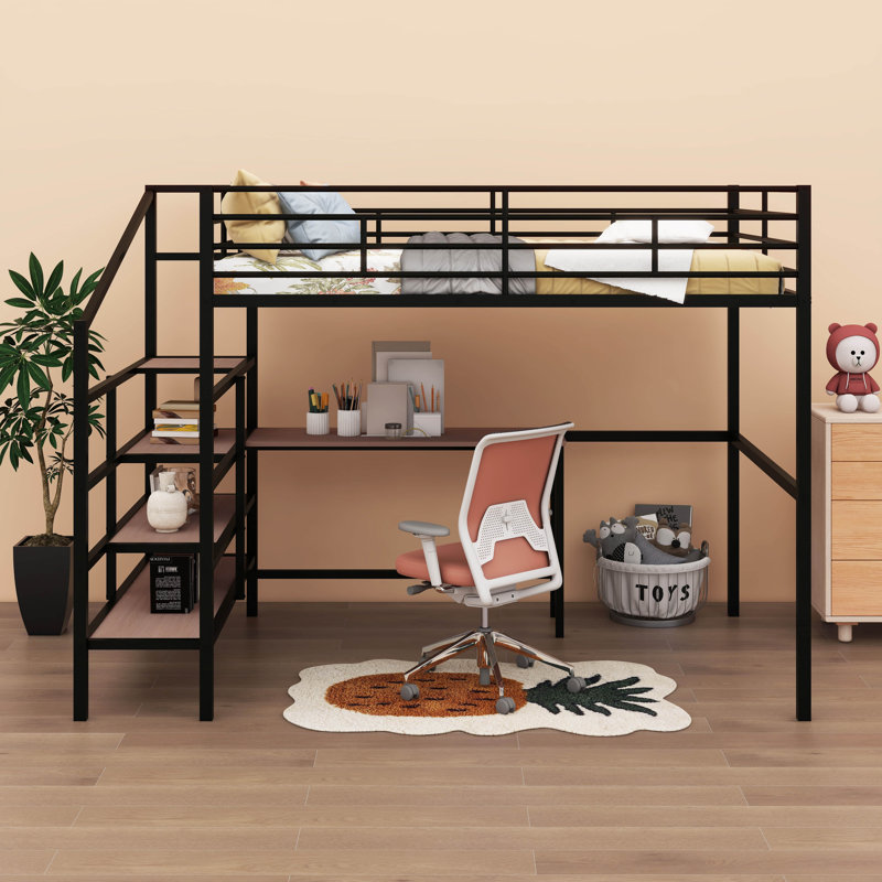 A Full Sized Metal Loft Bed with A Desk and A Lateral Storage Ladder Mason Marbles Color Black
